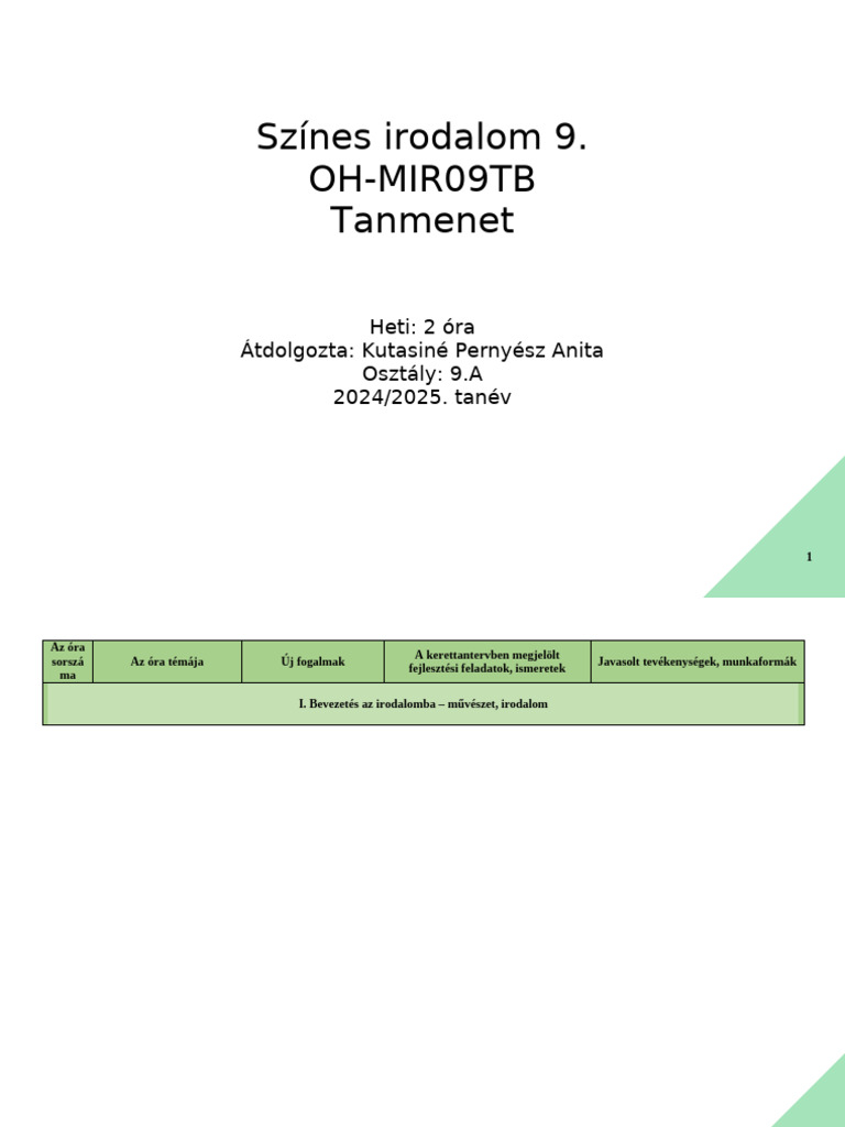 Tanmenet Irodalom 9 | PDF