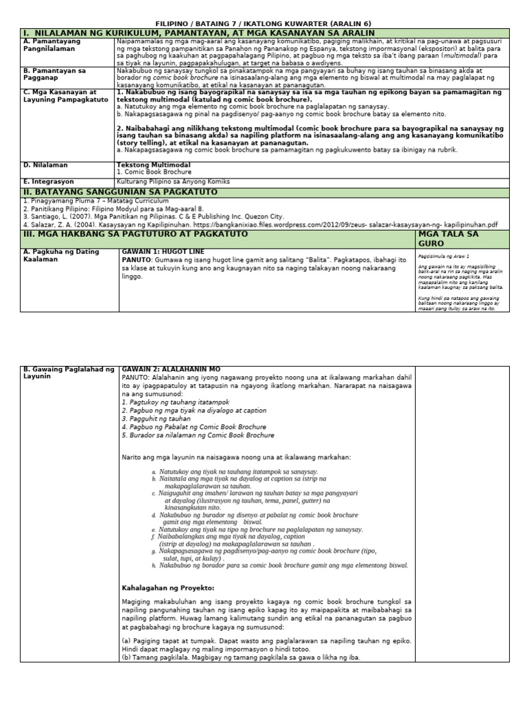 LE-FILIPINO-7 - Q3 - Aralin6 - Paggawa NG Brochure - W7 | PDF