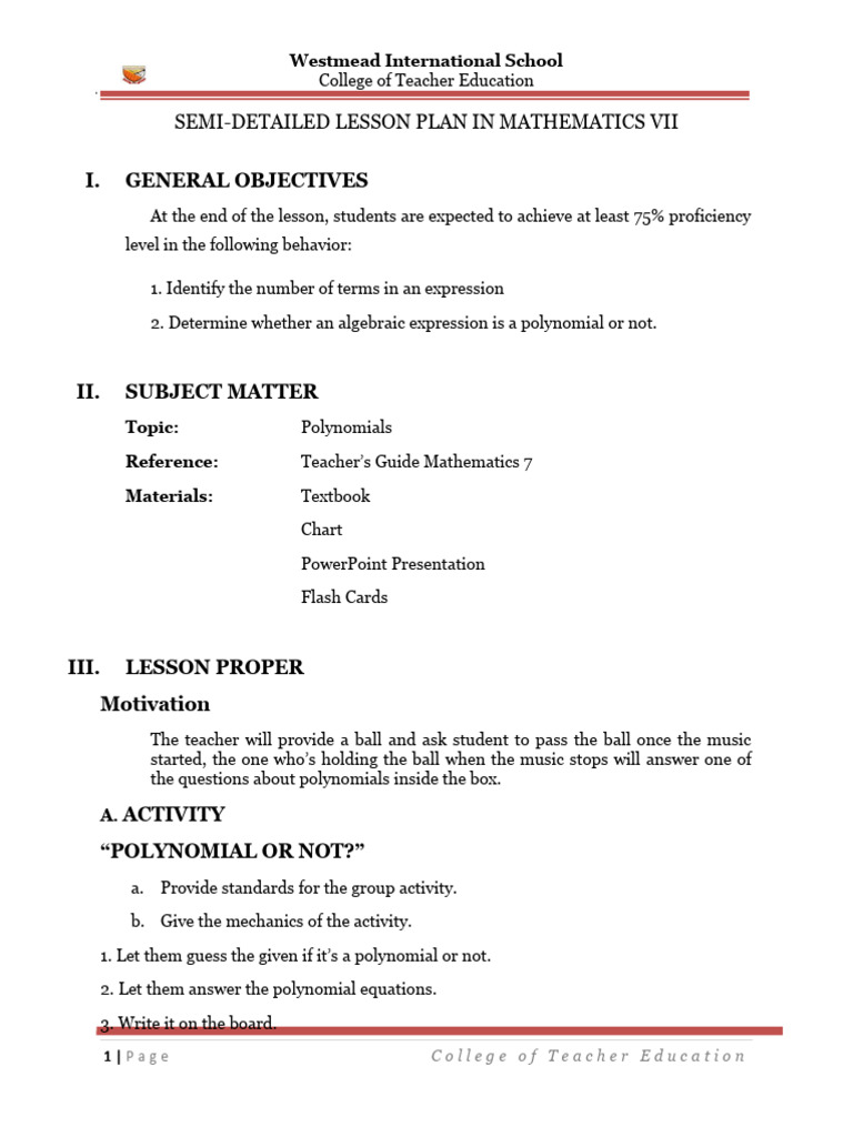 Semi Detailed Lesson Plan in Mathematics 7 Compress | PDF | Polynomial | Mathematics