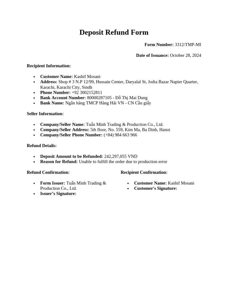 Deposit Refund Form | PDF