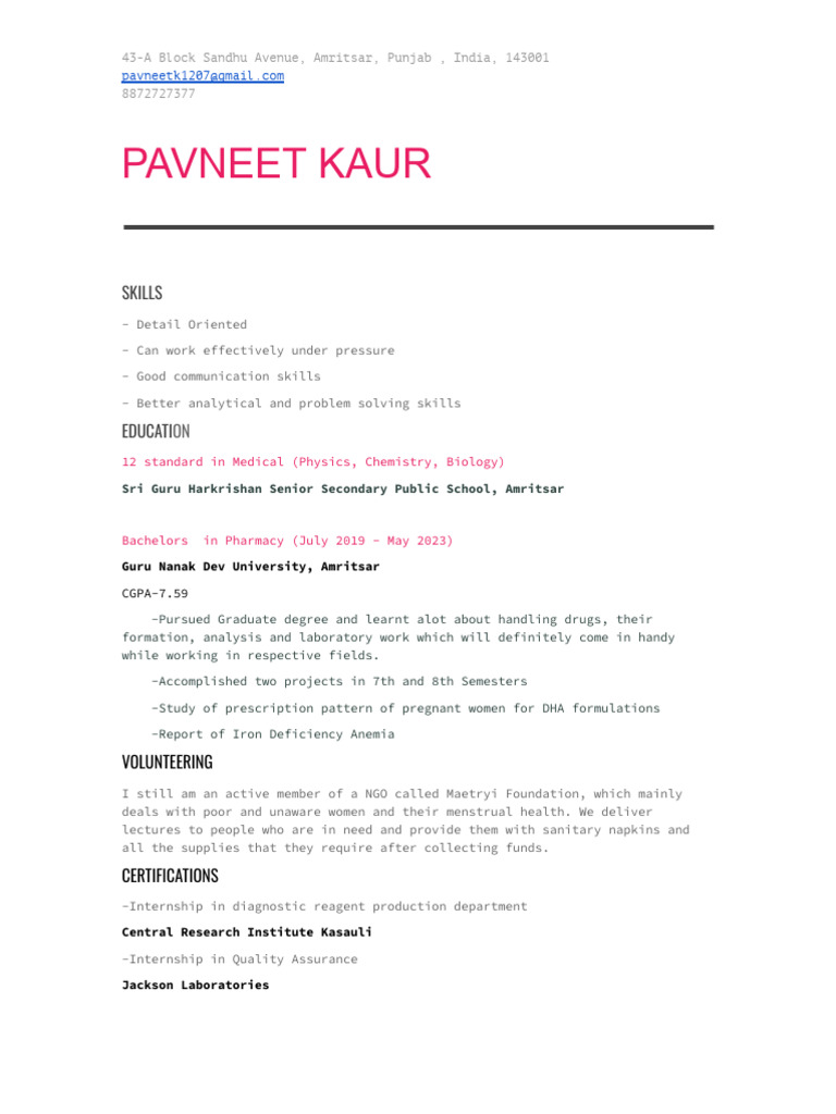Resume (Pavneet Kaur) | PDF