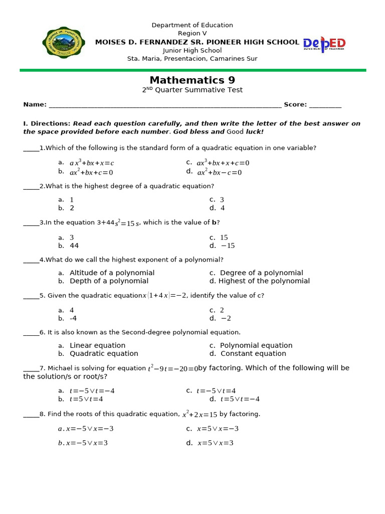 2nd Quarter Exam MATH | PDF | Polynomial | Equations