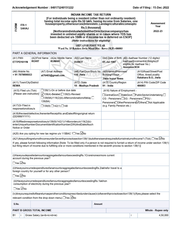 ITR-1 Filing for Rohit Dubey AY 2022-23 | PDF | Tax Deduction | Tax Refund
