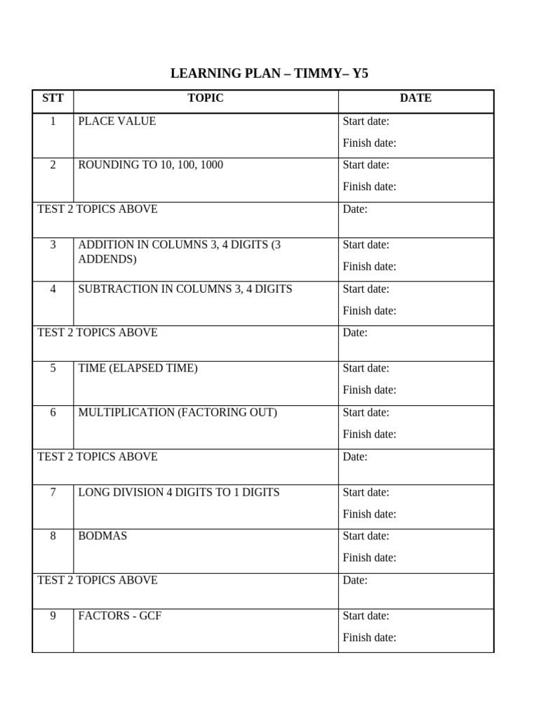 Learning Plan Timmy Y5 | PDF | Decimal | Mathematics