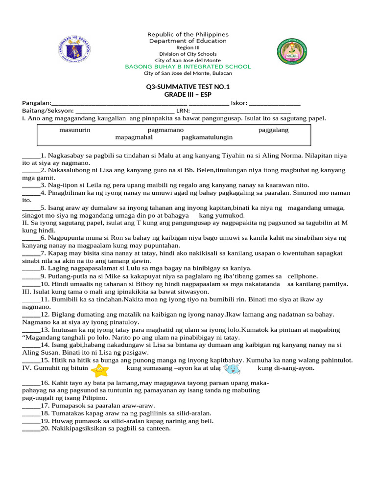 Grade 3 Mapeh Summative | PDF