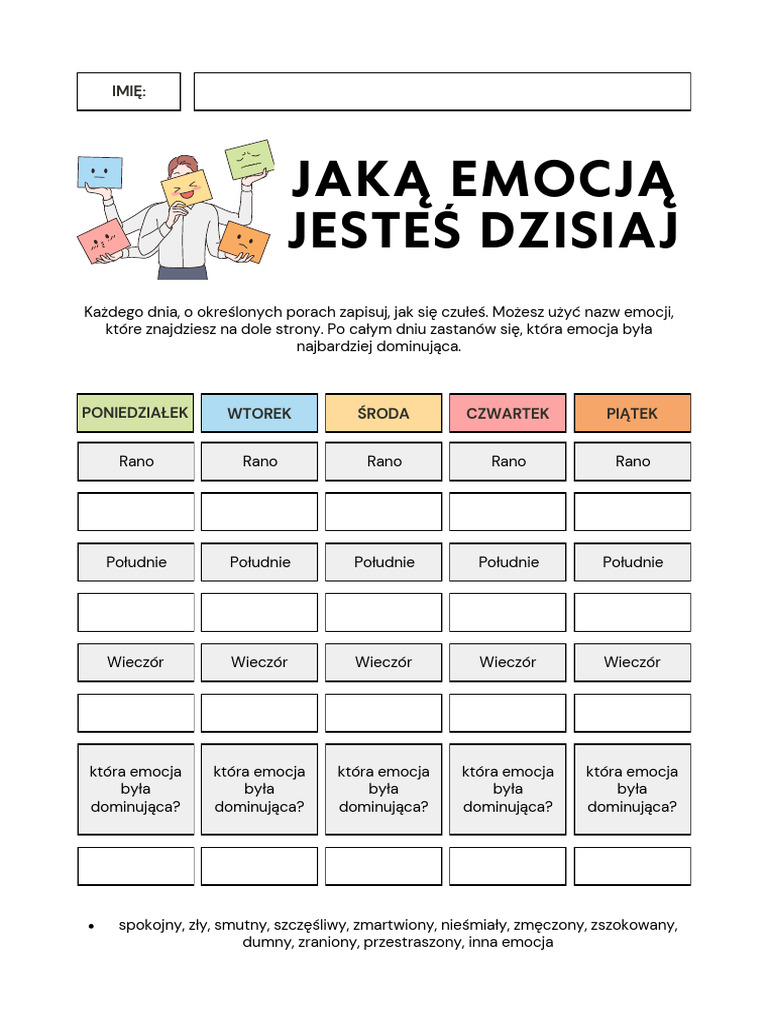 Emocje Karta Pracy W Kolorowy Ilustracyjny Styl | PDF