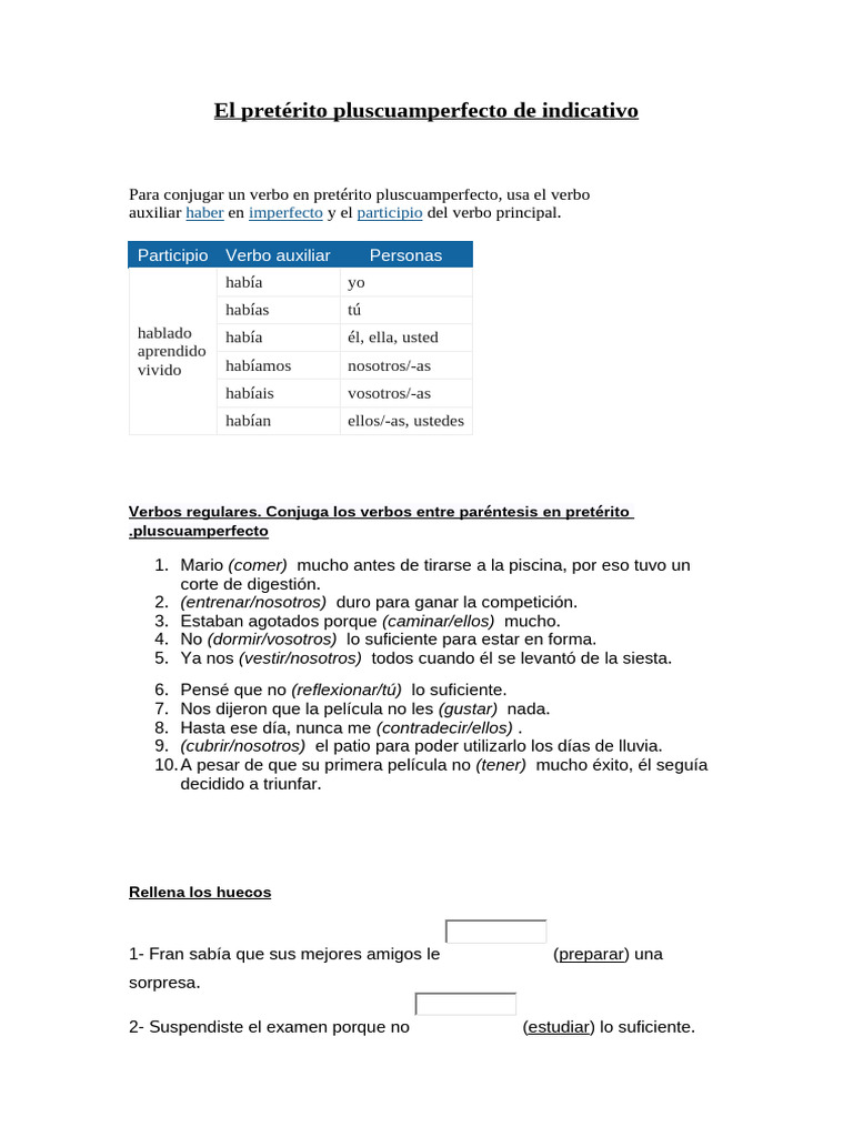 El pretérito pluscuamperfecto de indicativo | PDF | Verbo