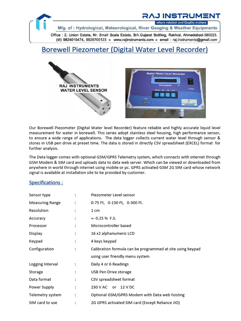 Borewell Piezometer Water Level Recorder | PDF