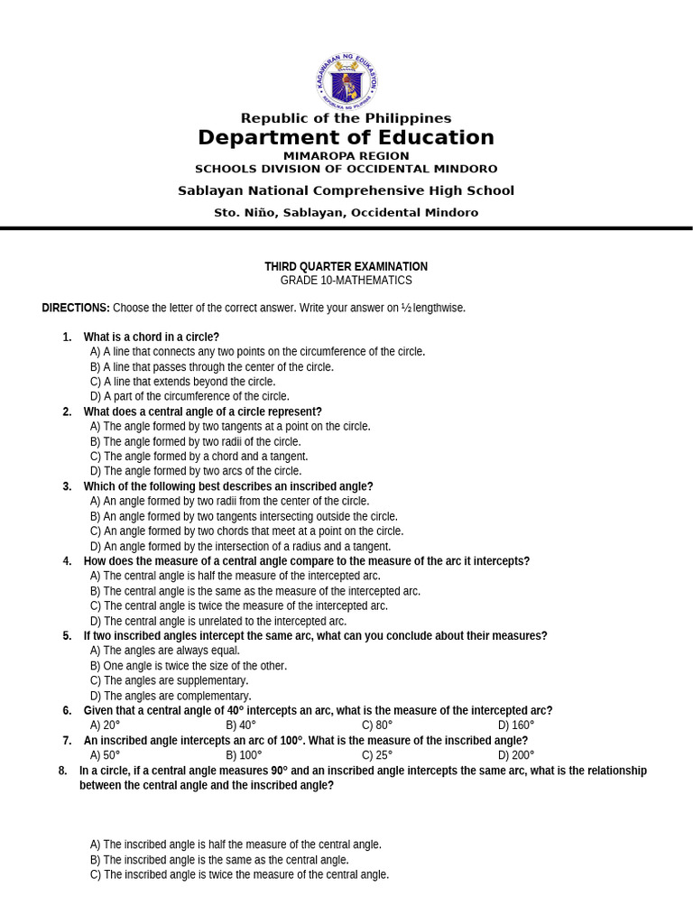 3rd Periodicsal Examination-Grade 10 | PDF | Circle | Angle