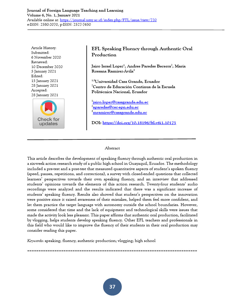 EFL - Speaking - Fluency - Through - Authentic - O (ARTICLE 1) | PDF | Fluency | English As A ...