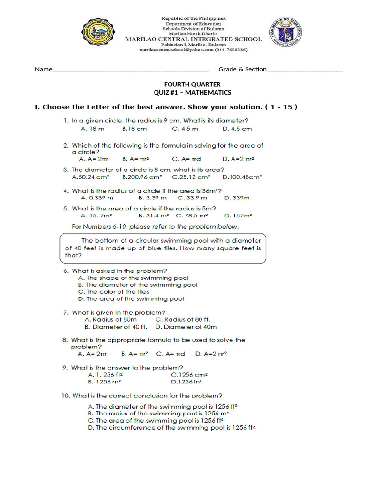 QUIZ1 MATH 4TH QUARTER Edit | PDF