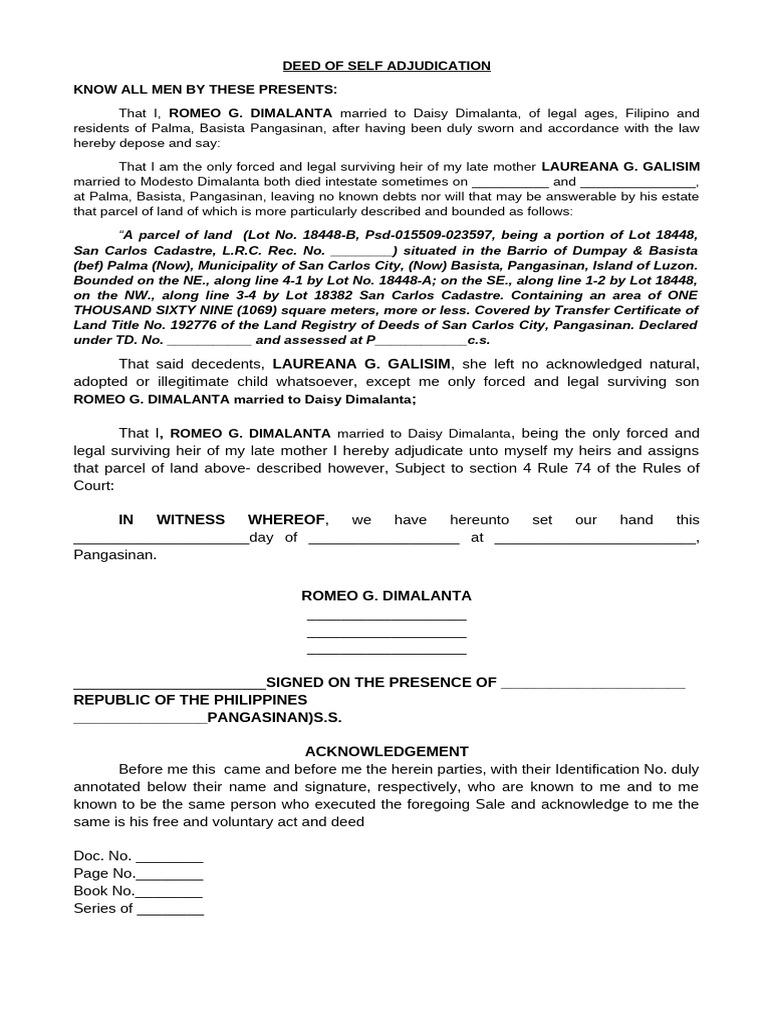 Deed of Self Adjudication - Laureana Galisim | PDF | Property Law ...