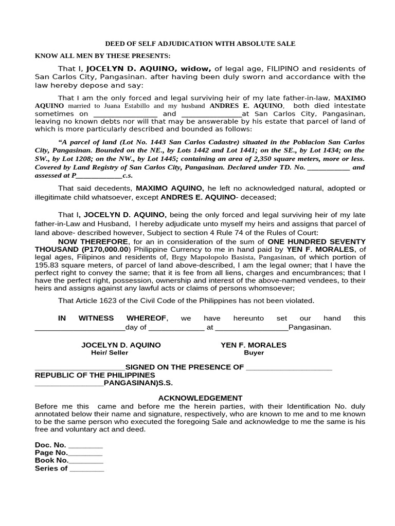 Deed of Self Adjudication With Absolute Sale-Jocelyn Yen | PDF | Civil ...