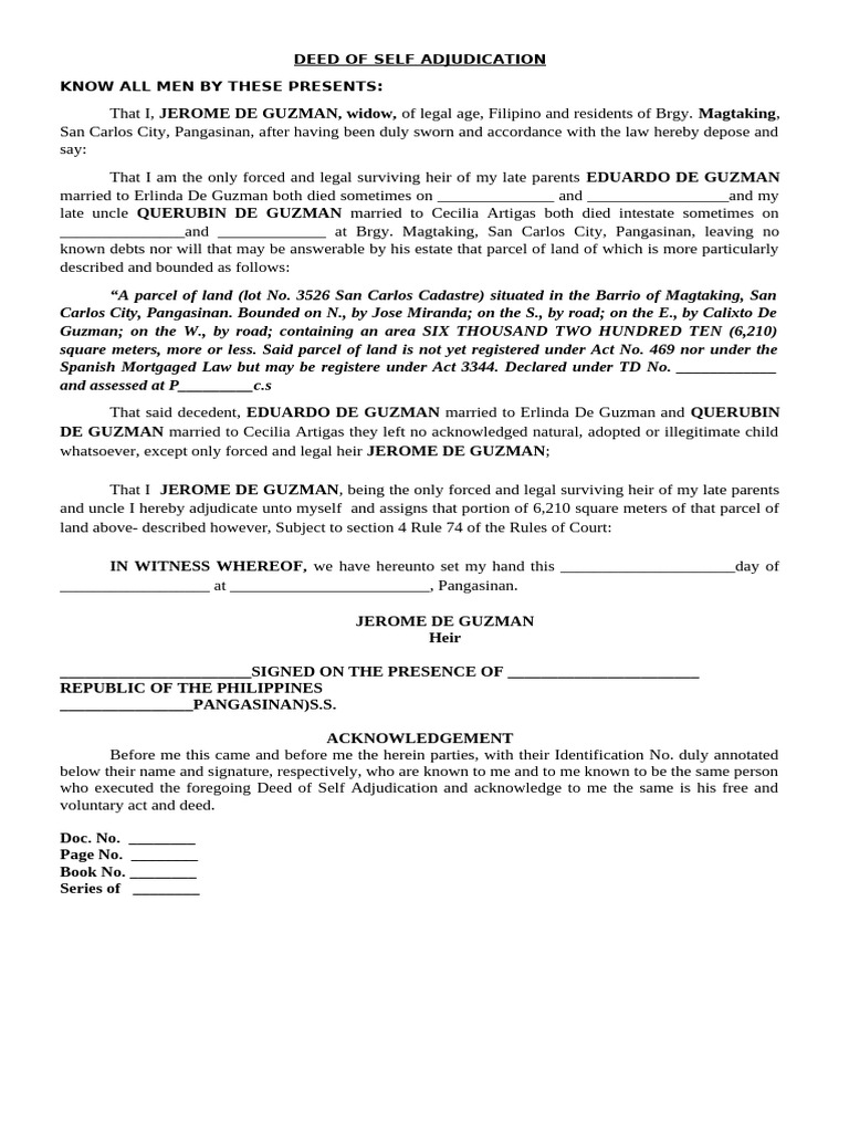 DEED OF SELF ADJUDICATION- jerome de guzman | PDF | Legal Documents ...