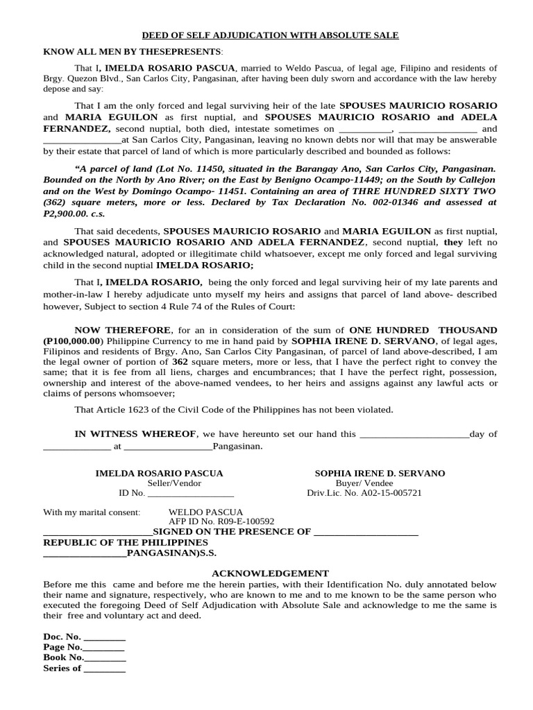 Deed of Self Adjudication With Absolute Sale- Sophia Irene s. Servano ...