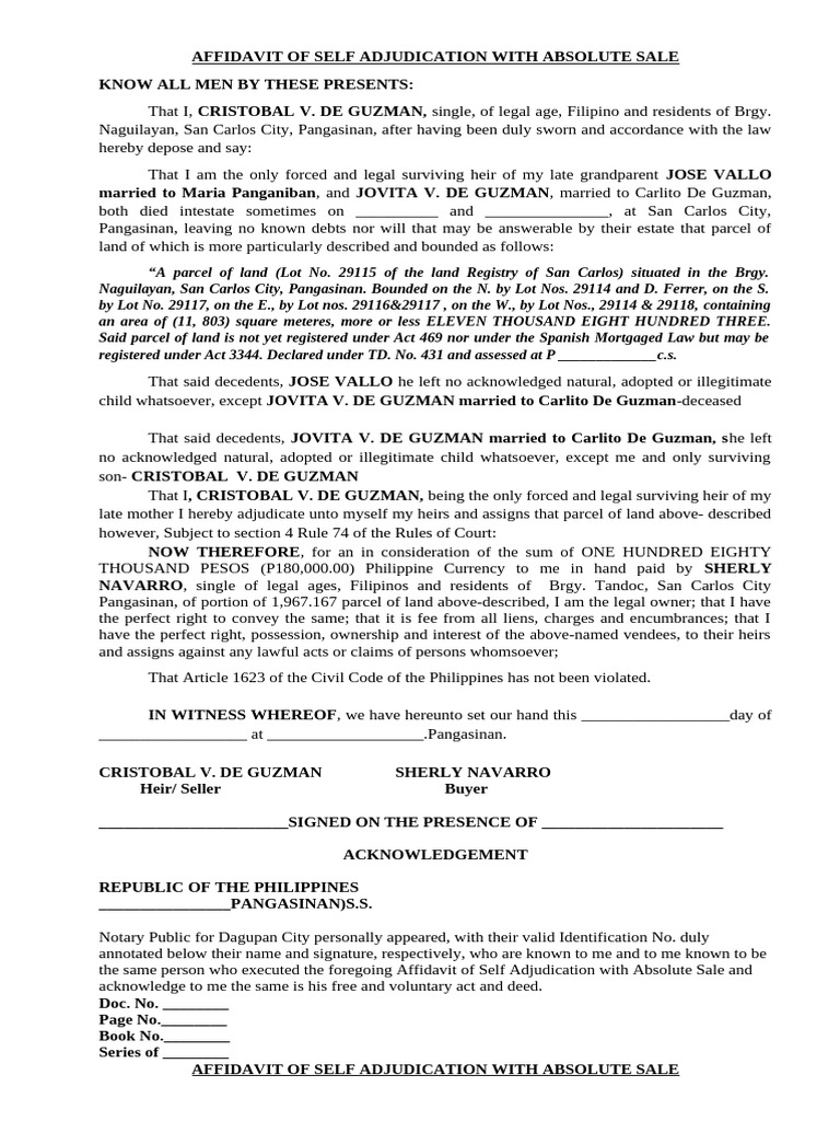 Deed of Self Adjudication With Absolute Sale - Tobal | PDF | Common Law ...
