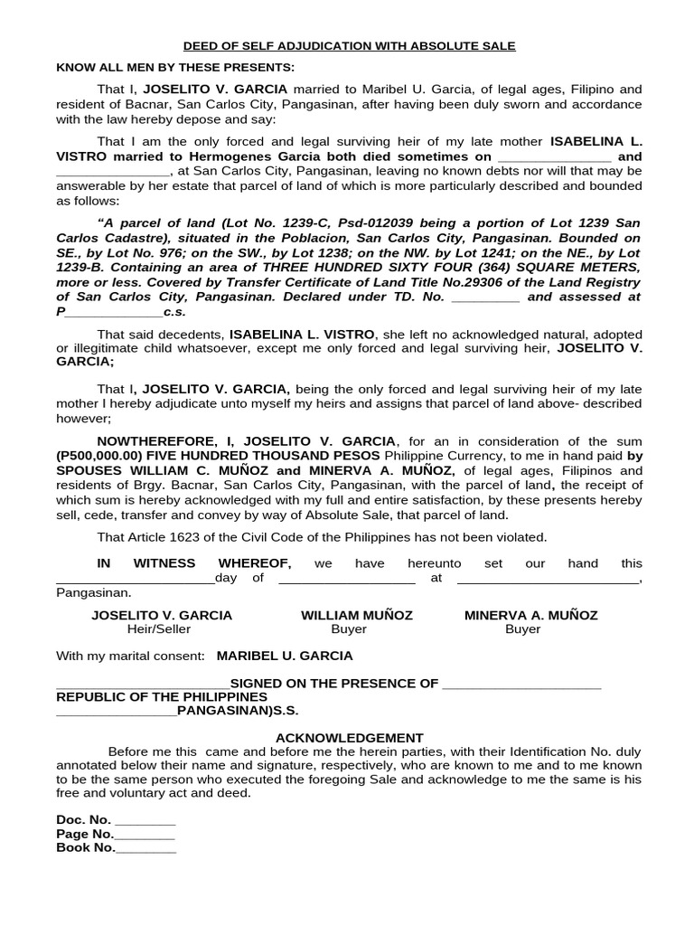 Deed of Self Adjudication With Absolute Sale-Spouses Muñoz | PDF ...