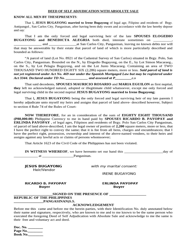 Deed of Self Adjudication With Absolute Sale- Adrian Payopay | PDF ...