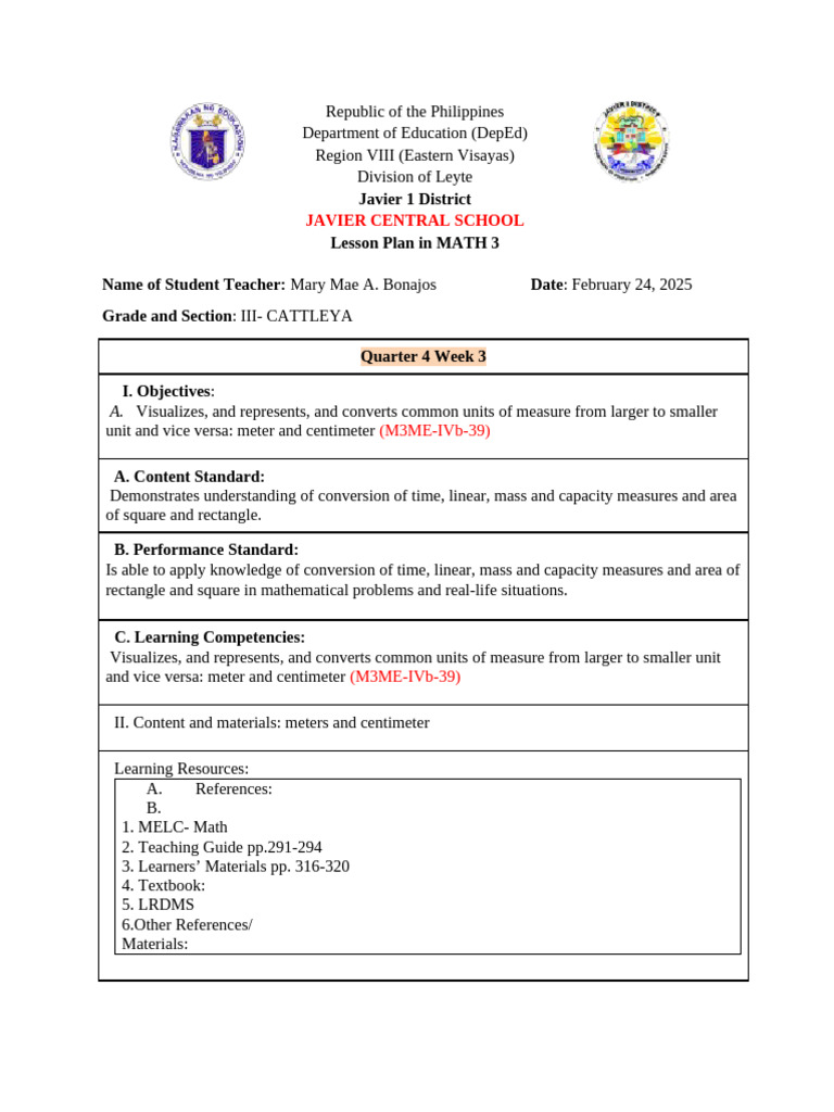 Math 3 Lesson Plan: Meter to Centimeter Conversion | PDF | Metre | Learning