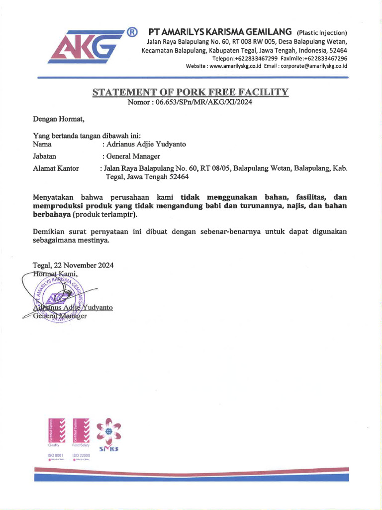 Statement of Pork Free Facility | PDF