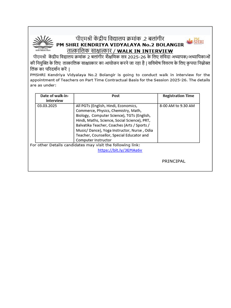 ADVERTISEMENT For Walk-In - Interview KV 2 Bolangir 2025-26 | PDF