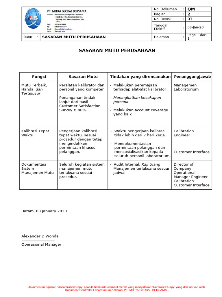 QM-2 Sasaran Mutu Perusahaan | PDF