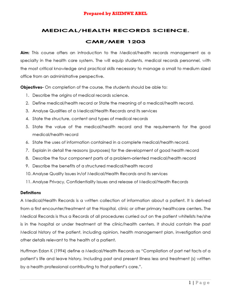 Medical Records Science Course Overview | PDF | Medical Record ...