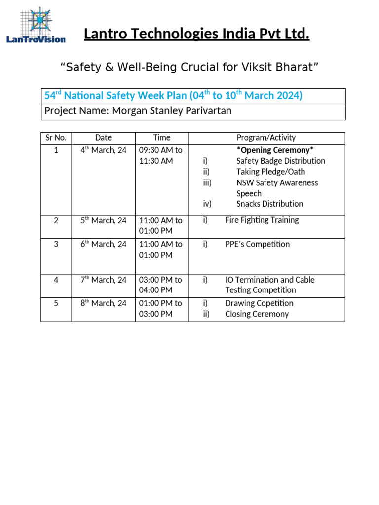 National Safety Week Plan | PDF