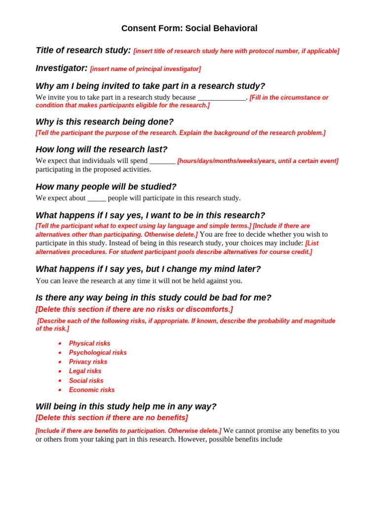 Template Consent Social Behavioral Long | PDF | Informed Consent | Consent