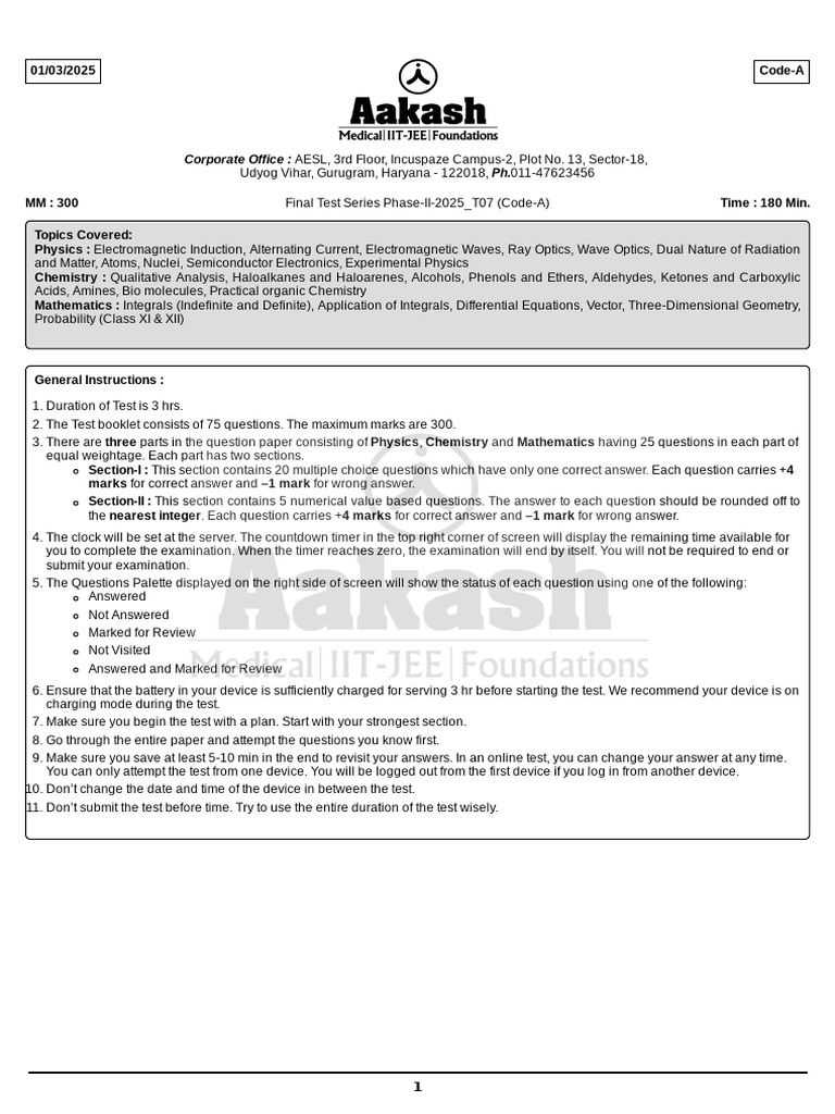 FTS 2025 - PH 2 - T07 (Code A) - (01 03 2025) | PDF | Electron | Wavelength