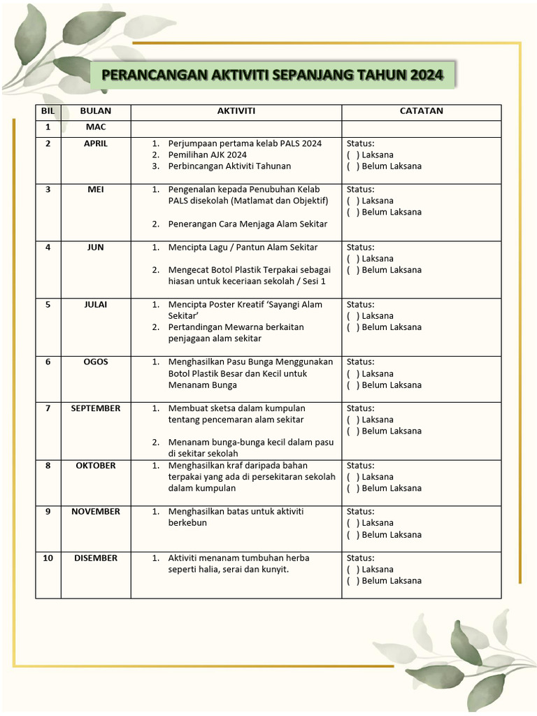 Aktiviti Kelab PALS 2024: Jadual Bulanan | PDF