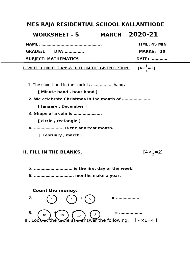 WS5 Q Maths Grade-1 | PDF