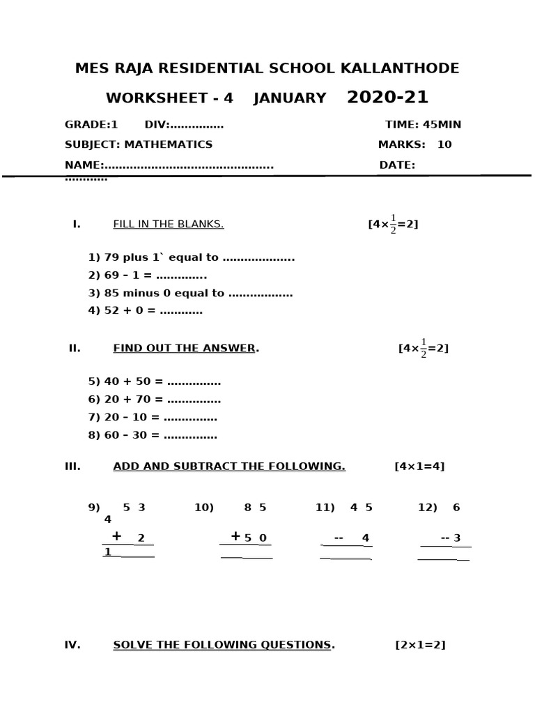 WS4 Q MATHS Grade-1 | PDF