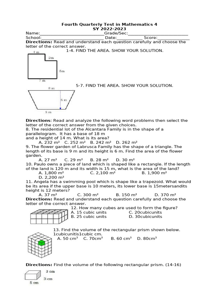 Area and Volume Problems for Grade 4 | PDF | Area | Length