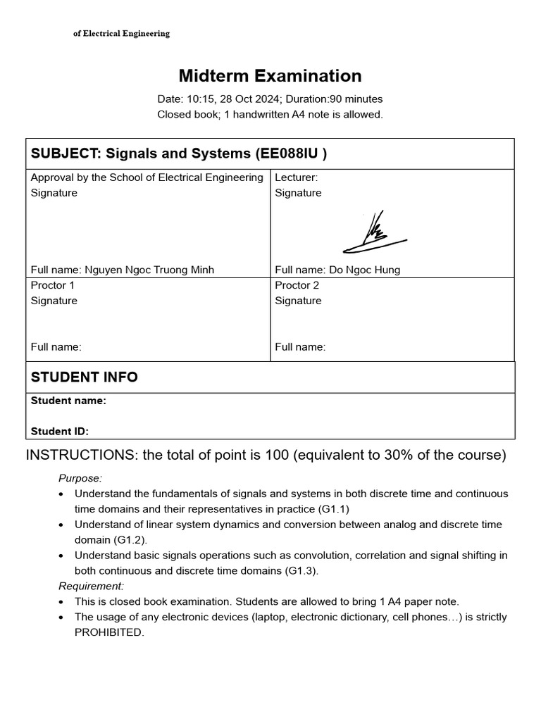 Signals and Systems Midterm Exam 2024 | PDF | Electronics | Algorithms