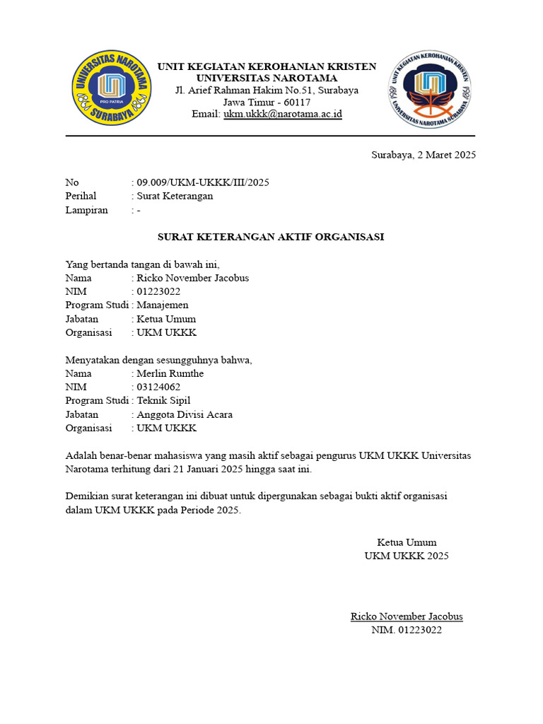 Surat Aktif UKM UKKK 2025 | PDF