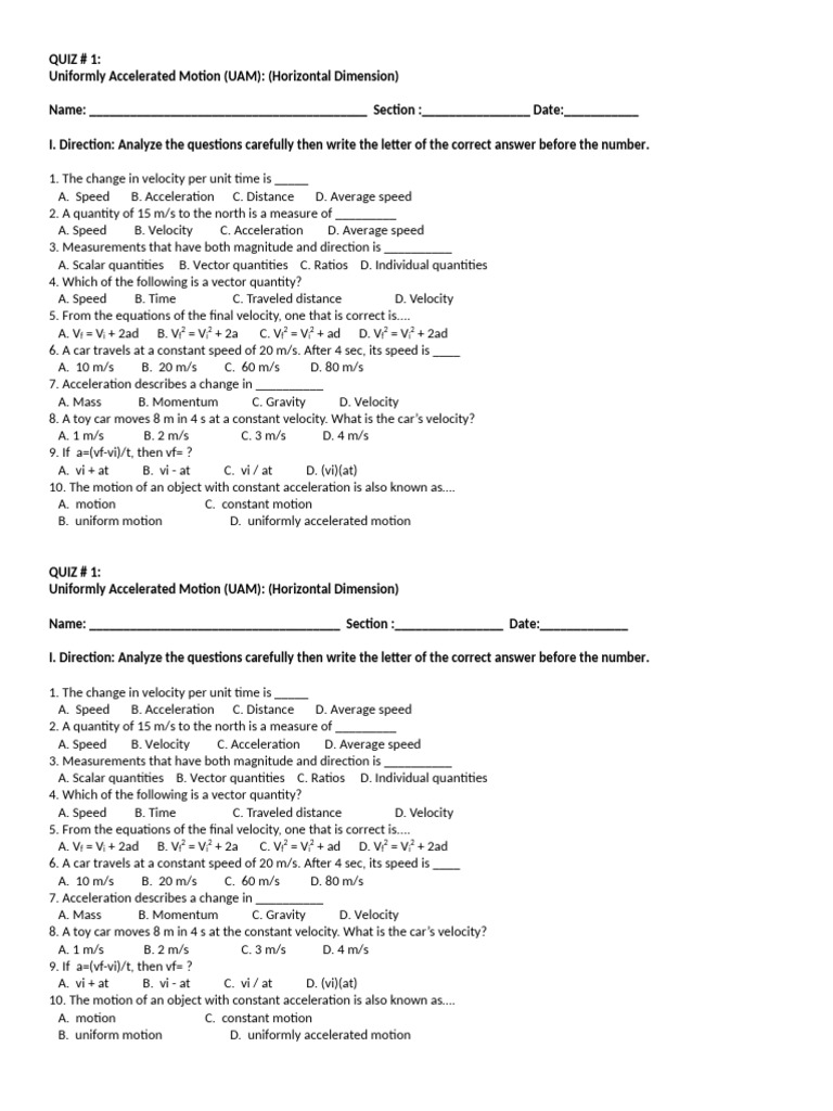 Quiz 1 UAM Horizontal Dimension | PDF | Velocity | Acceleration