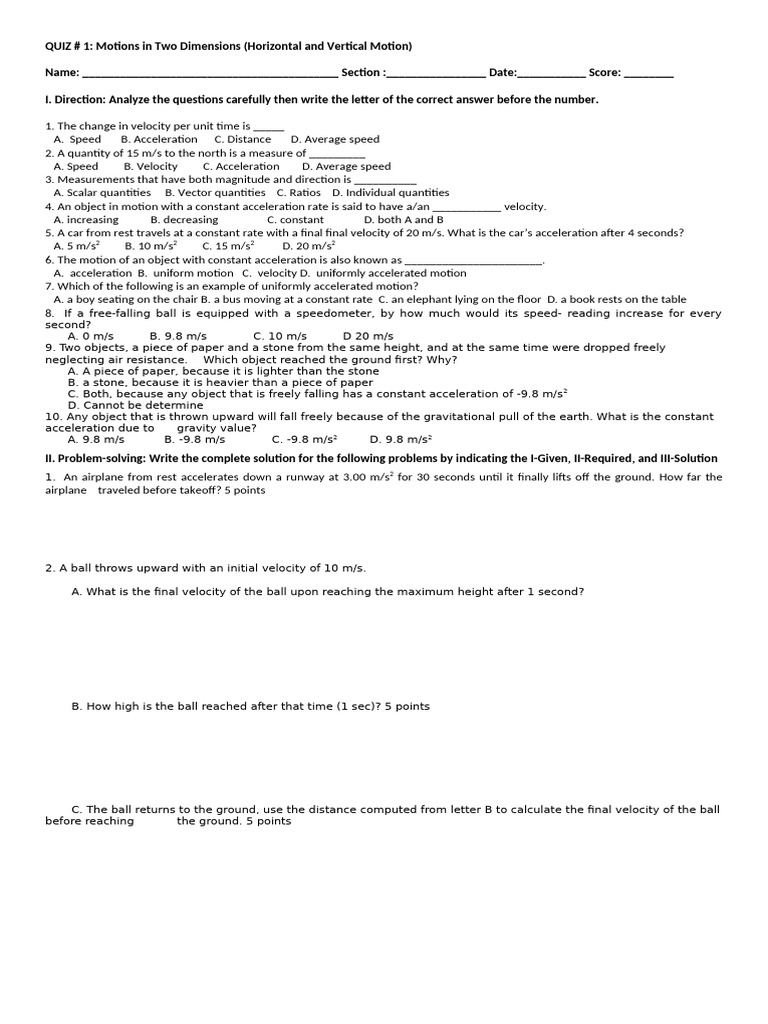 Quiz 1 UAM Motions in 2 Dimen | PDF | Acceleration | Velocity