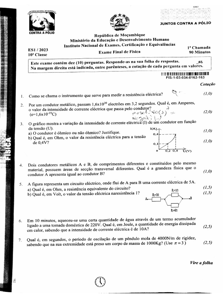 Exame de Física 10 Classe-1 Época-20241126165842 | PDF