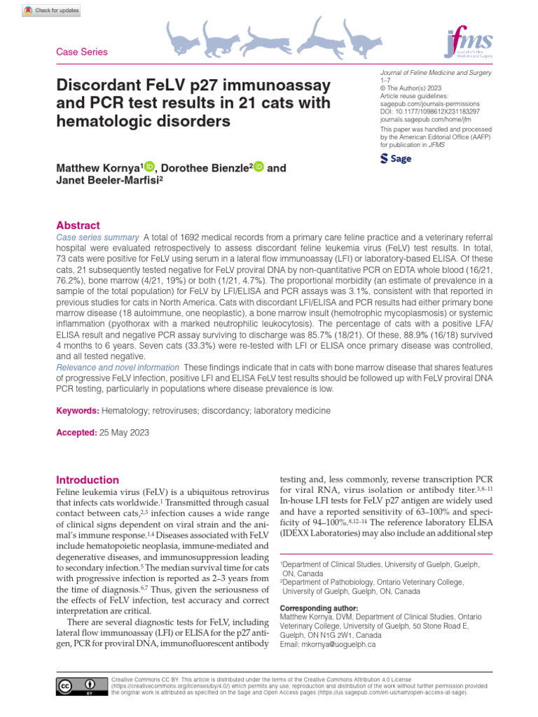 Kornya Et Al 2023 Discordant Felv p27 Immunoassay and PCR Test Results ...