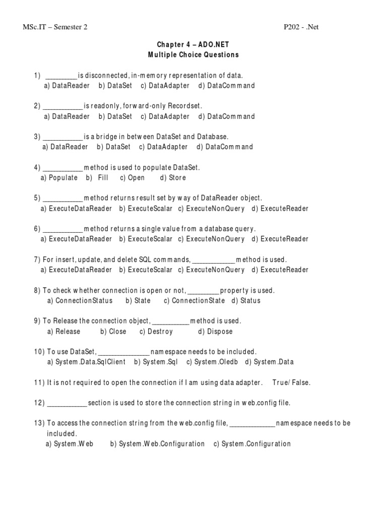 Chapter 4 Ado - Net MCQ | PDF | Active X Data Objects | Databases