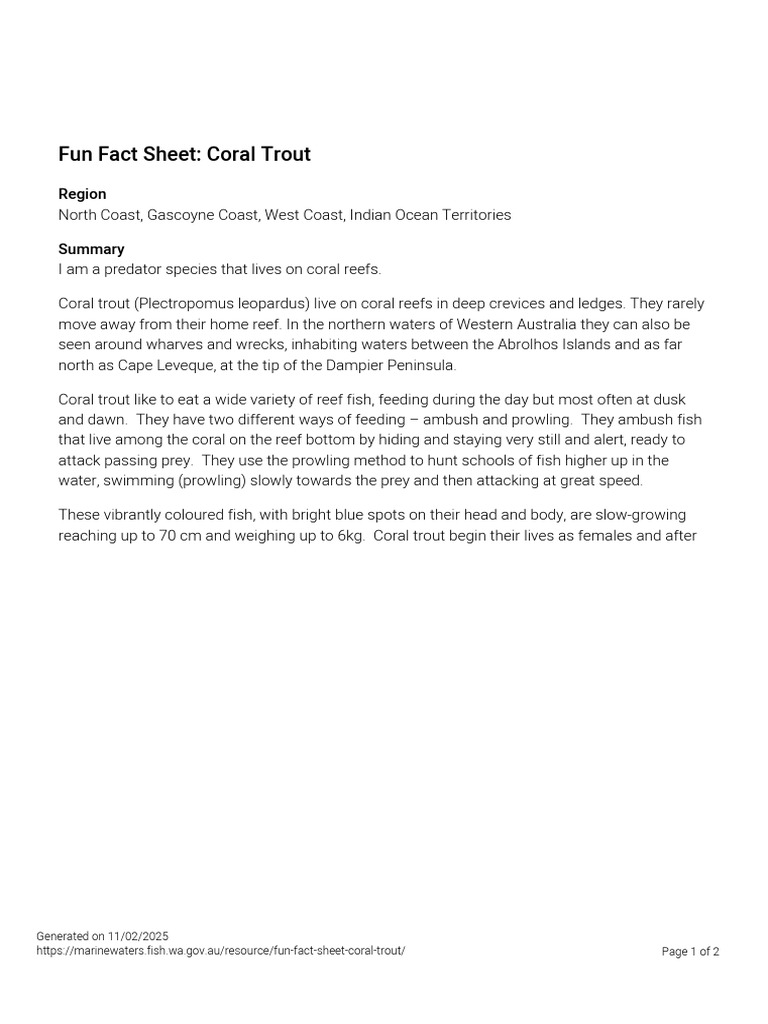 Fun Fact Sheet Coral Trout | PDF