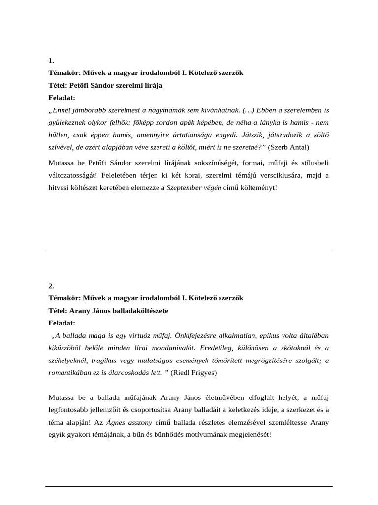 Húzós Tételek 12A Irodalom | PDF