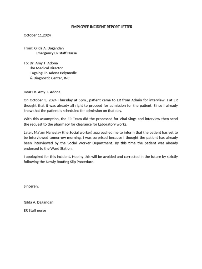Employment Incident Report Letter | PDF