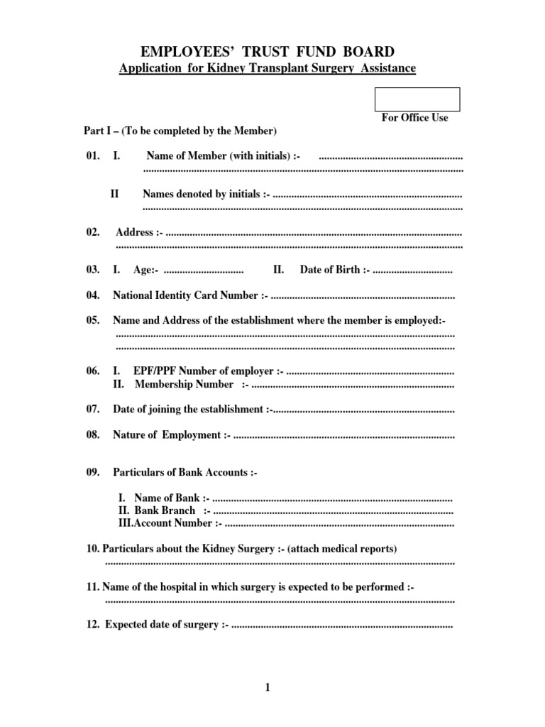 Kidney Transplant Surgery Assistance Form | PDF