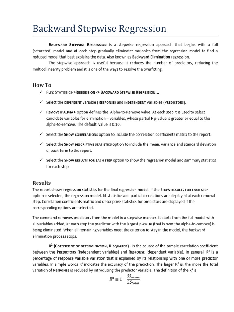 Backward Stepwise Regression Guide | PDF | Coefficient Of Determination | Multicollinearity
