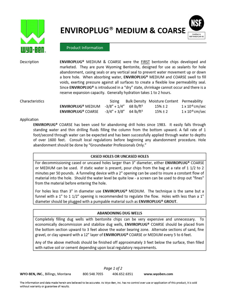 EnviroplugMediumCoarse Product Info | PDF | Casing (Borehole) | Water