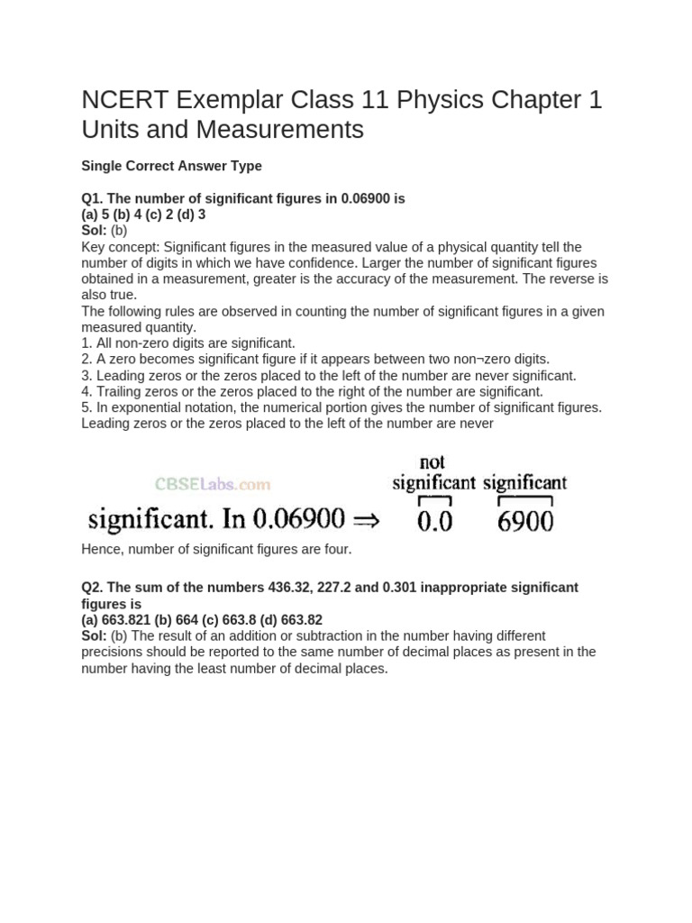 NCERT Exemplar Class 11 Physics Chapter 1 Units and Measurements | PDF | Significant Figures ...