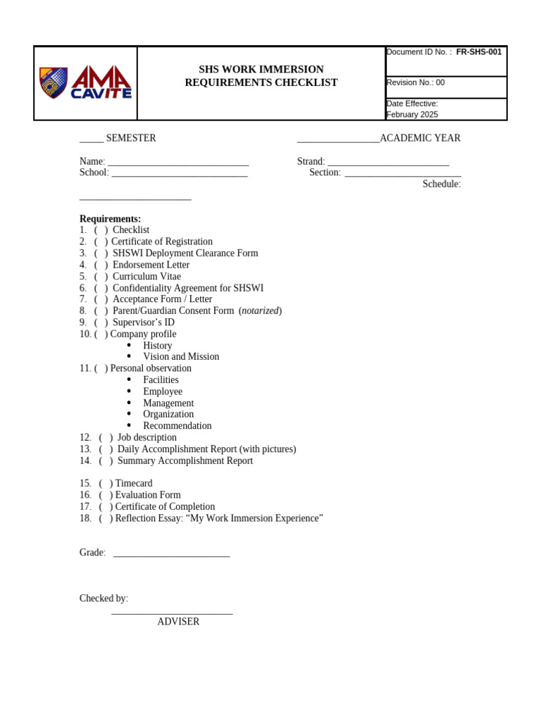 SHS Work Immersion Requirements Checklist | PDF