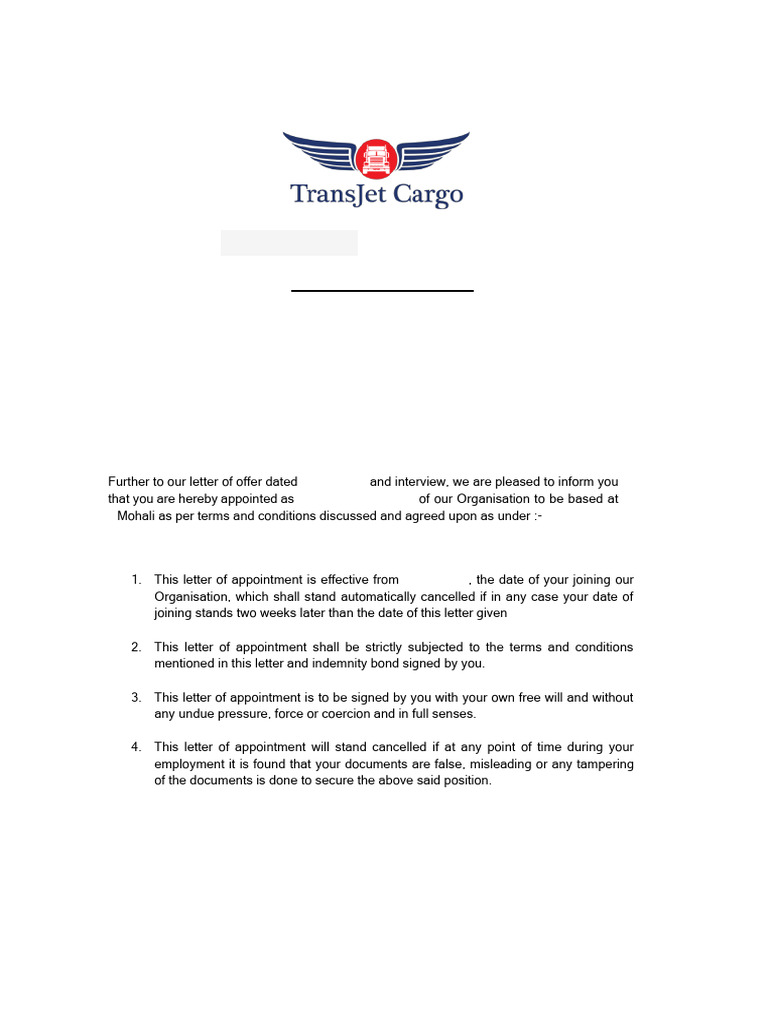 Transjet Cargo Appointment Letter | PDF | Taxes | Salary